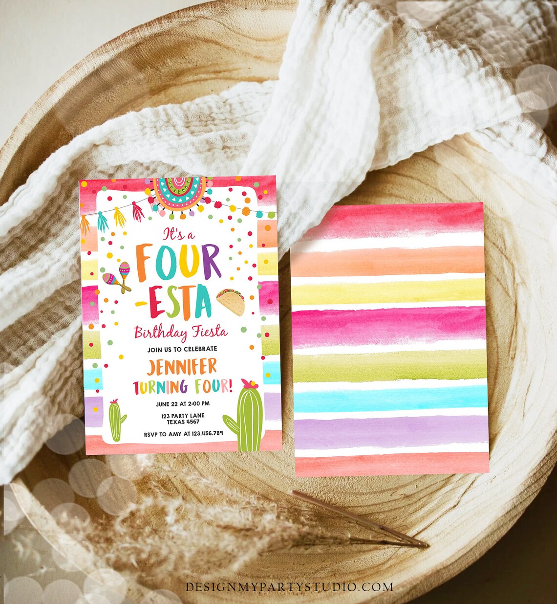 Editable Four-esta Fiesta Birthday Invitation 4th Birthday Four Cactus ...
