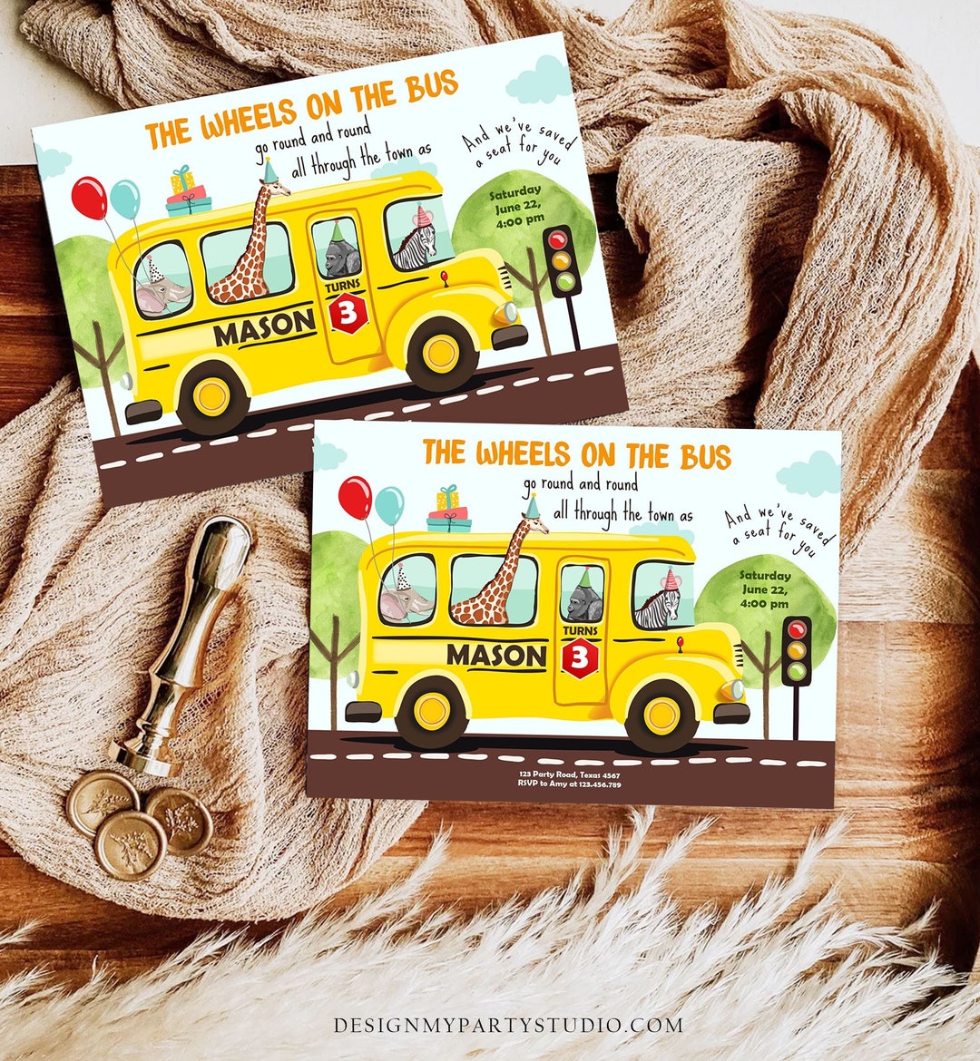 Editable Wheels on the Bus Birthday Invitation Bus Party Invite School ...