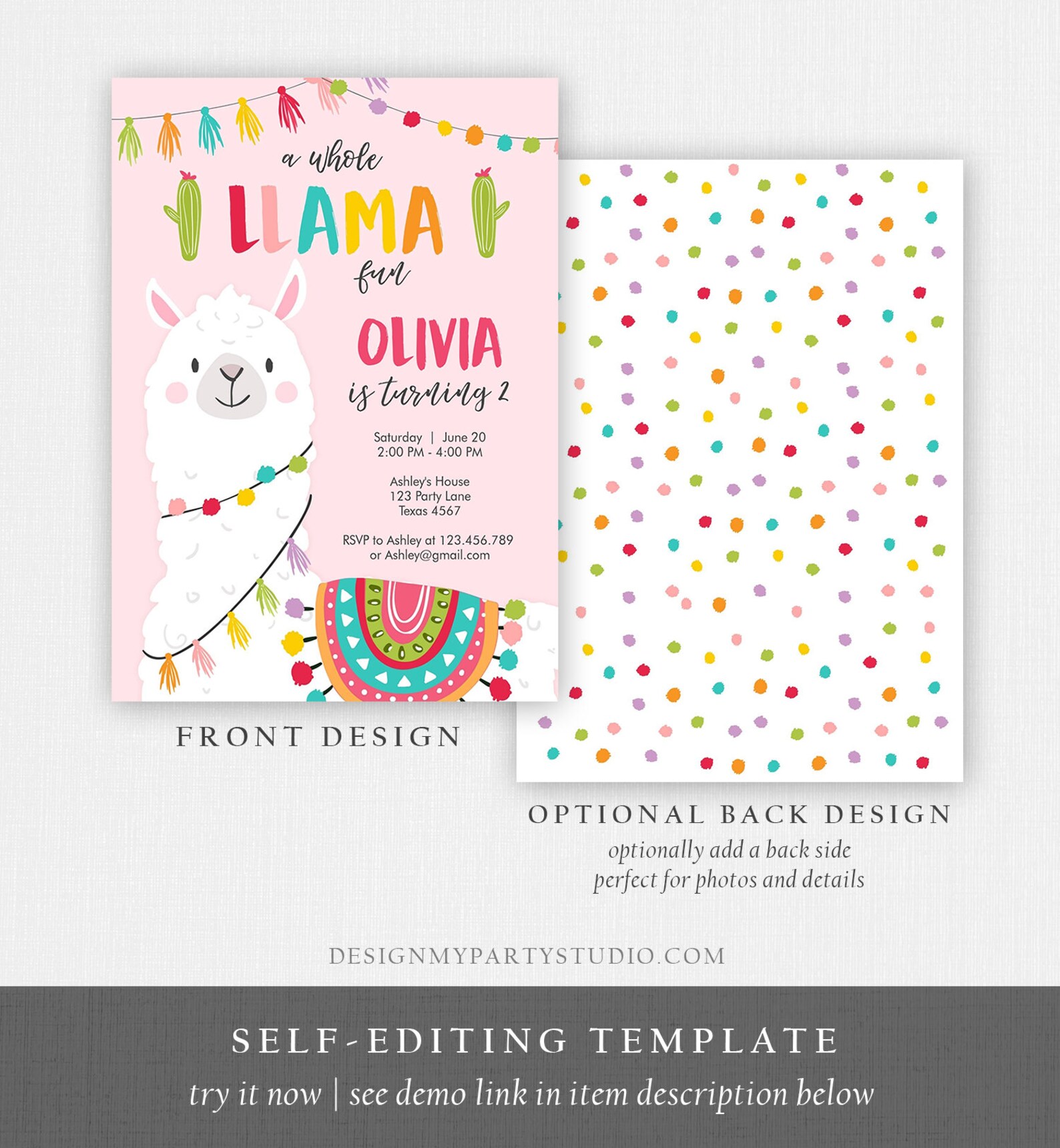 Editable Whole Llama Fun Birthday Invitation Fiesta Mexican Cactus Pink ...