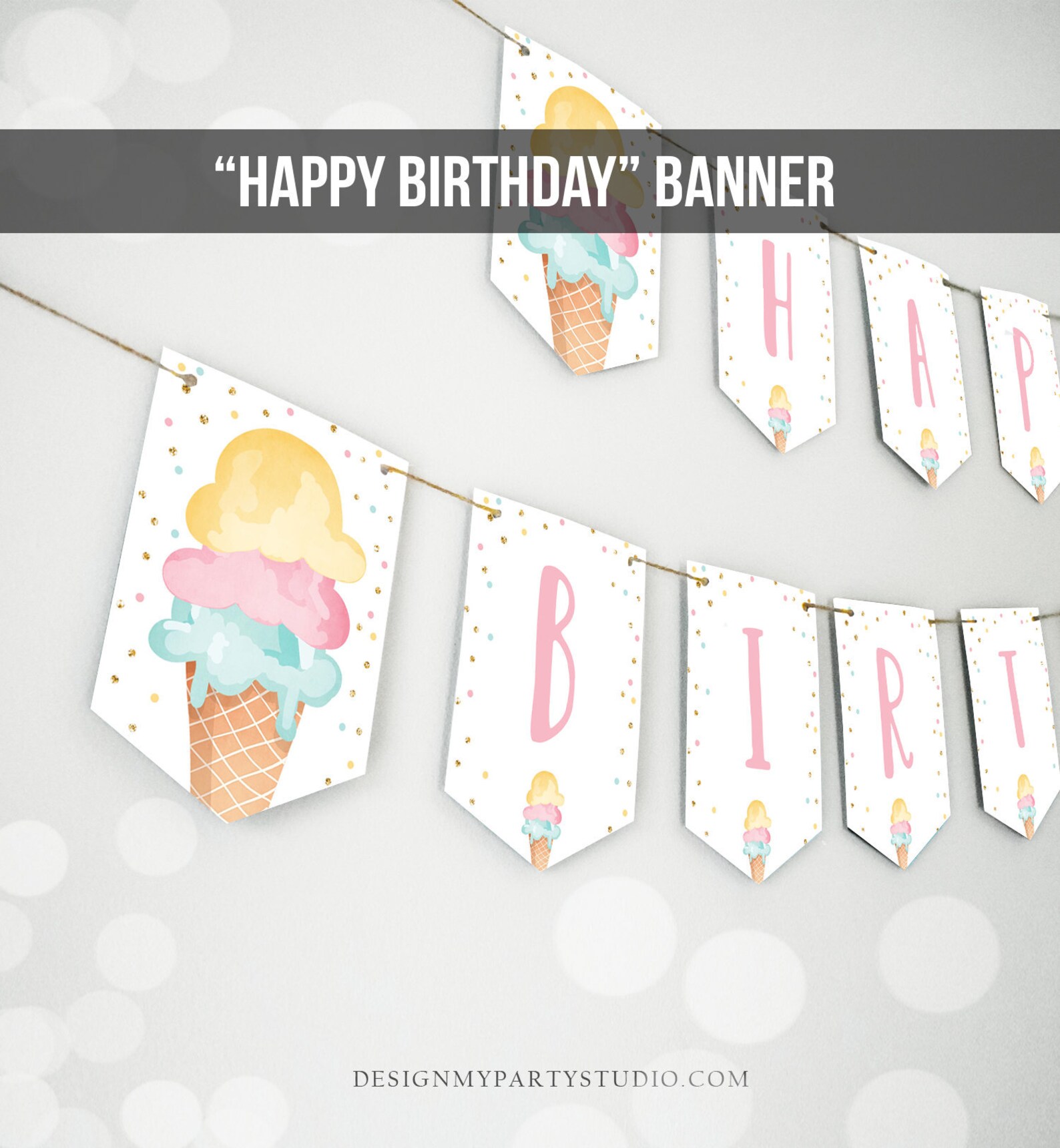 Happy Birthday Banner Pink Ice Cream Birthday Banner Ice Cream - Etsy