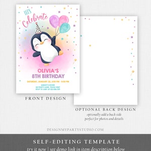 Editable Penguin Birthday Invitation Winter Party Arctic Animals Girl ...