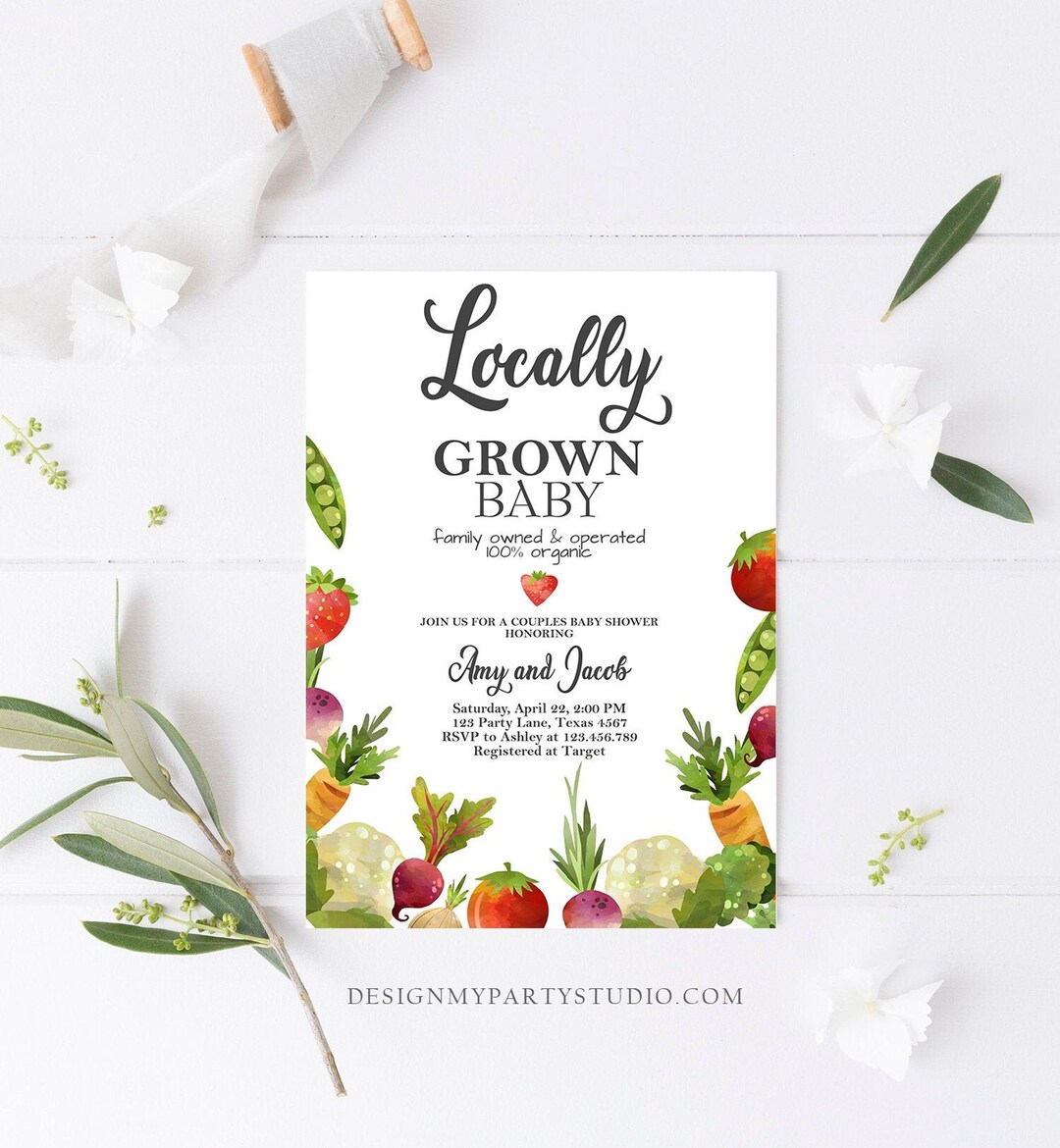 Editable Locally Grown Baby Shower Invitation Farmers Market Fruits and ...
