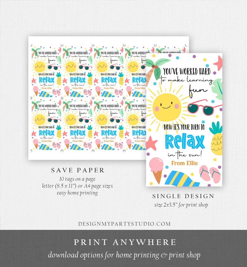 Editable Summer Teacher Appreciation Gift Tag Kids Your Turn to Relax ...