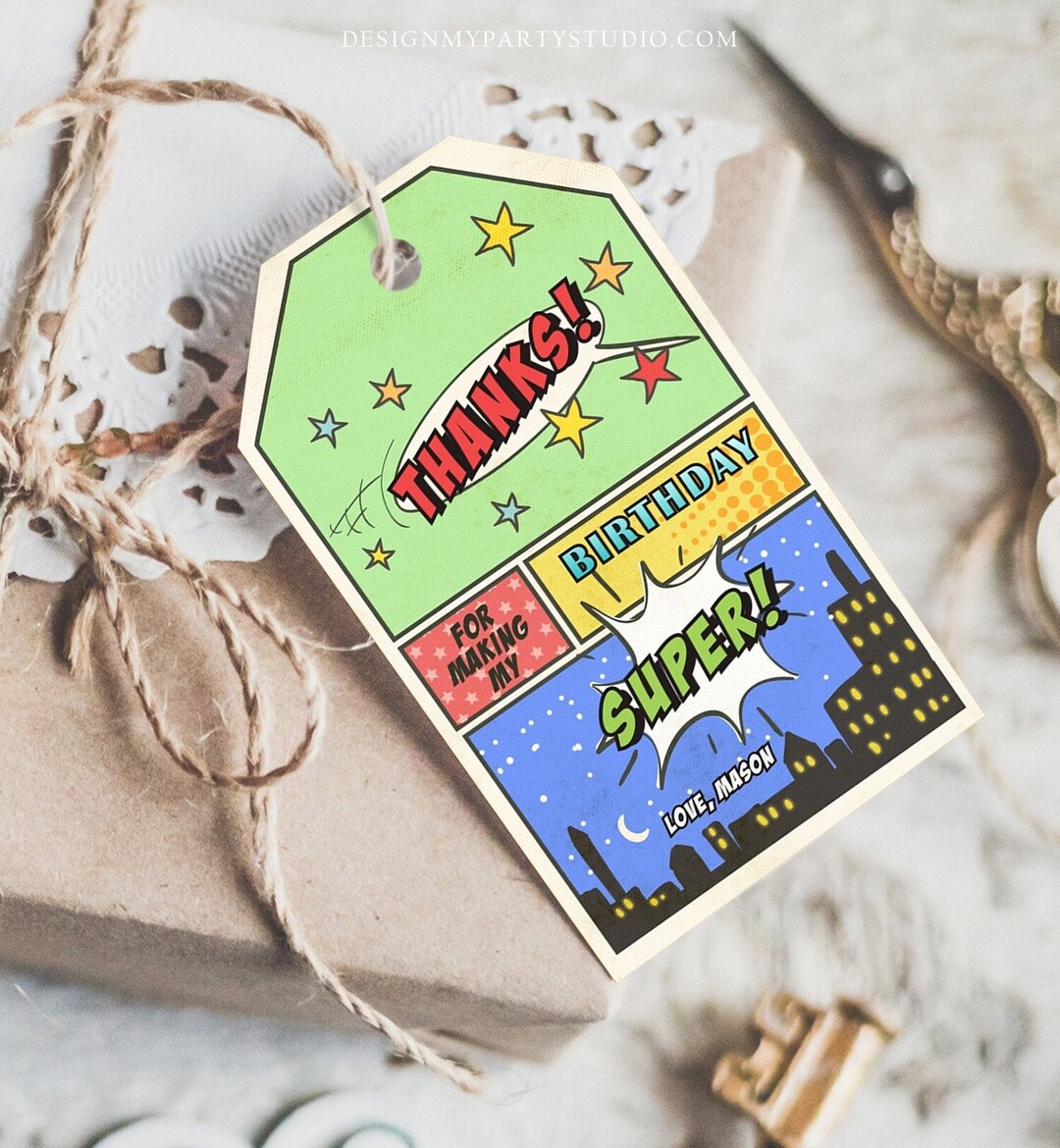 Editable Superhero Favor Tag Super Hero Boy Birthday Superheroes Party ...