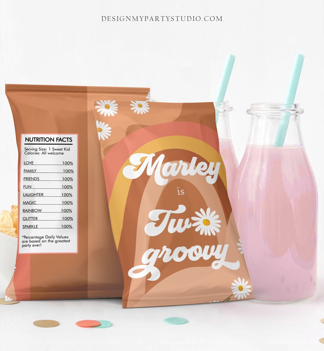 Editable Two Groovy Birthday Chip Bag Groovy Party Decor Girl Rainbow ...