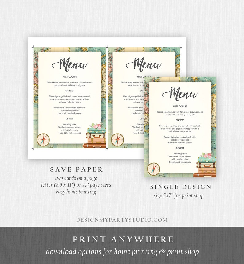 Editable Travel Adventure Menu Card Wedding Bridal Shower Birthday ...