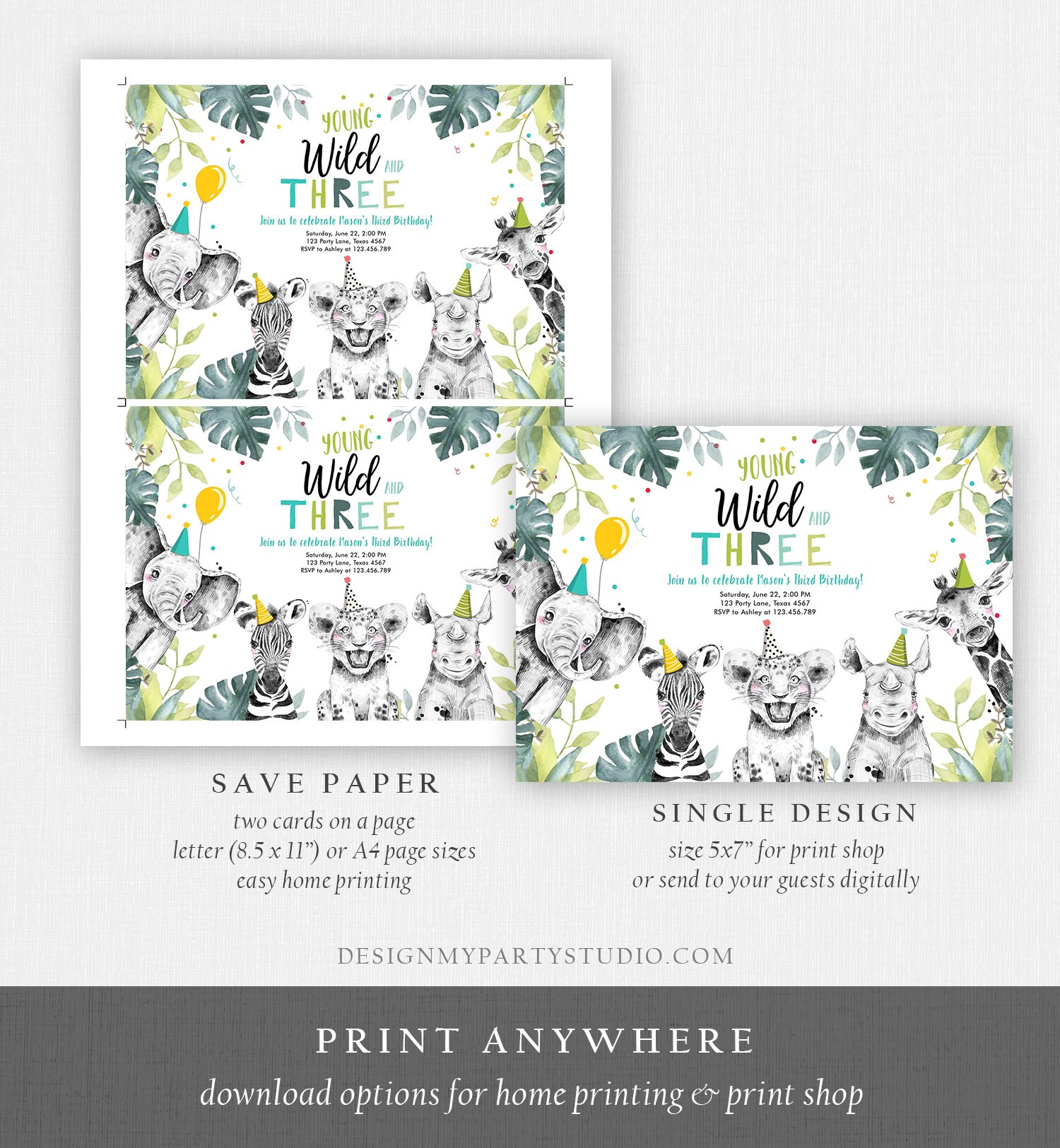 Editable Young Wild and Three Invitation Boy Safari Animals | Etsy