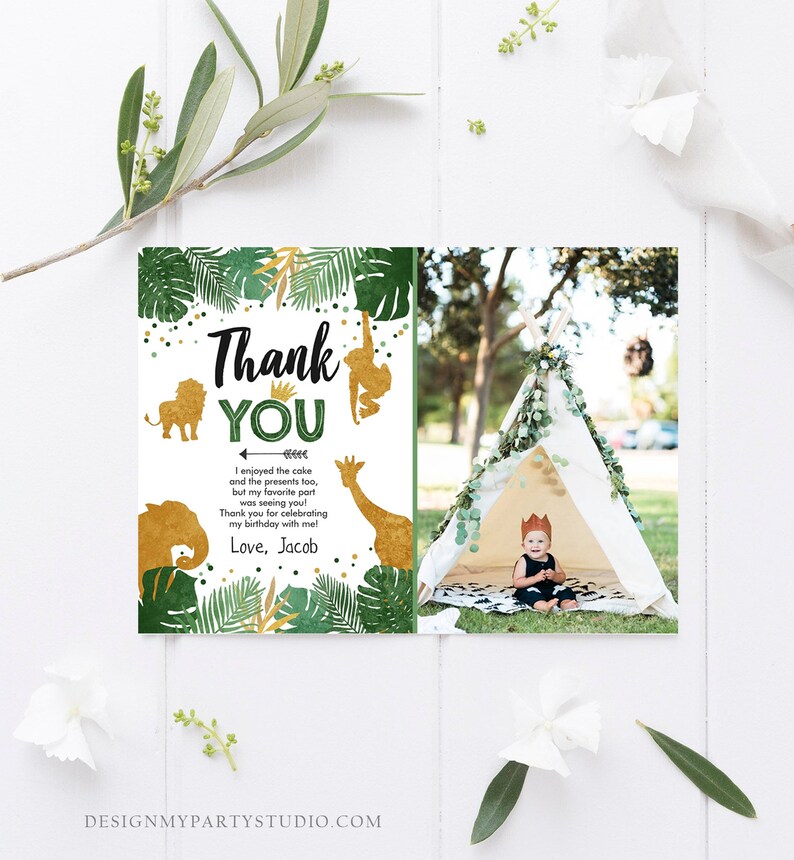 Editable Thank You Card Safari Animals Wild One Thank You Note Black ...