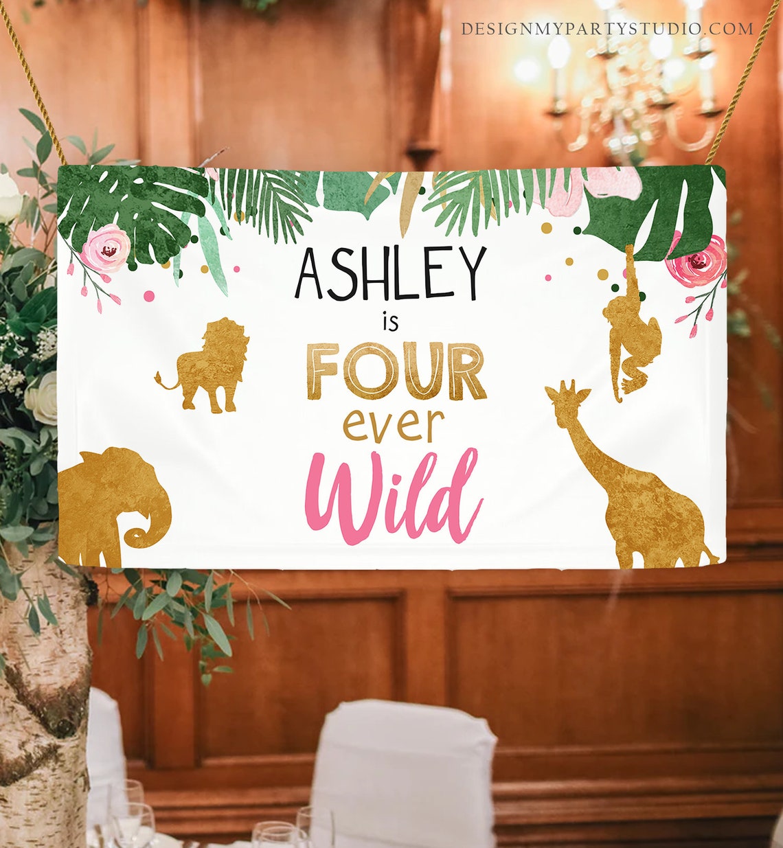 Editable Safari Animals Birthday Backdrop Banner Girl Pink - Etsy