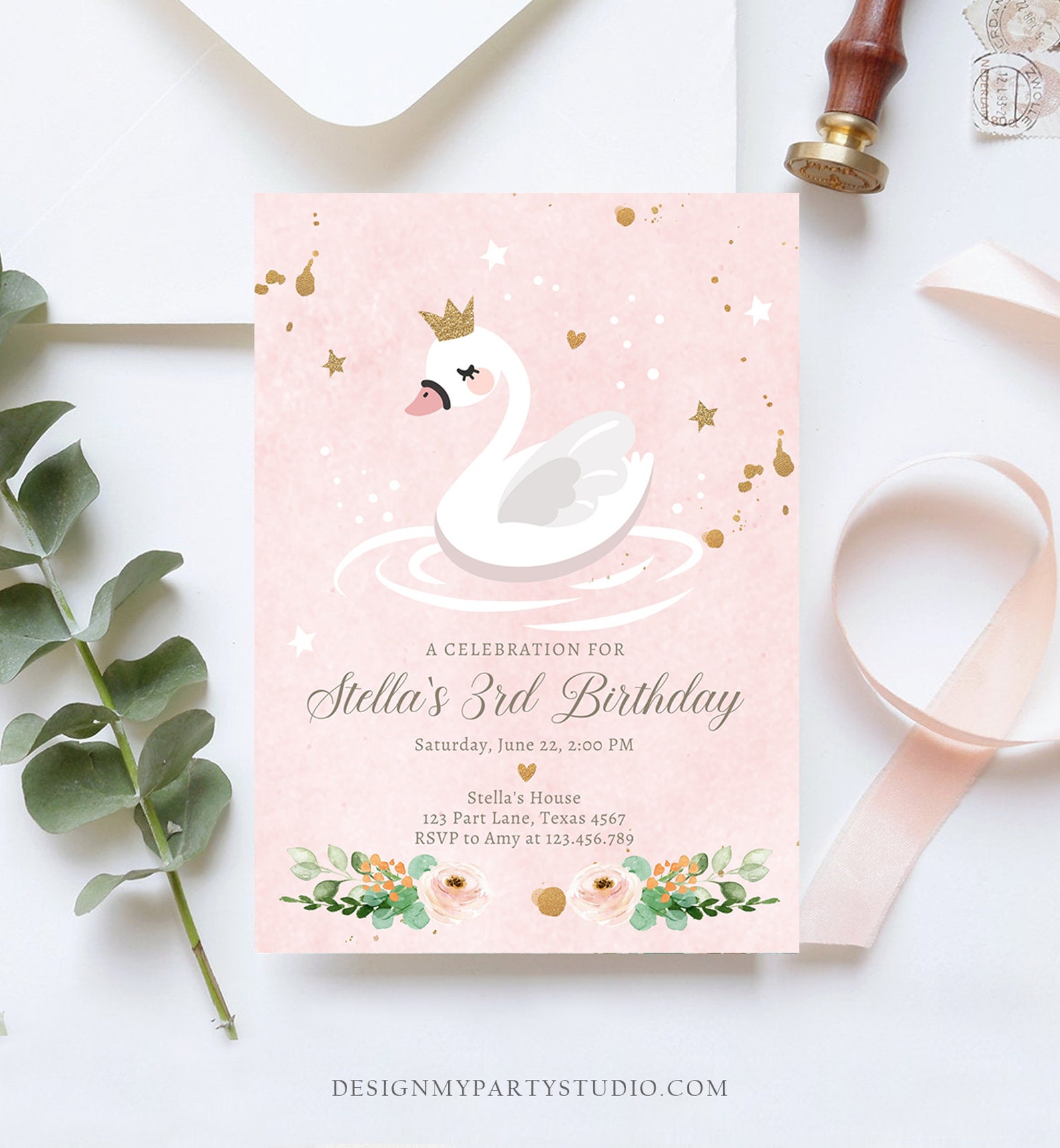 Editable Swan Birthday Invitation Girl Swan Princess Birthday - Etsy UK