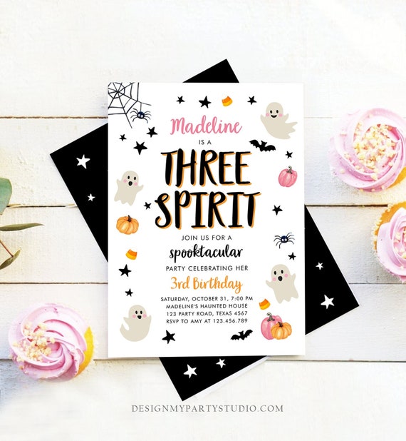 Editable Halloween Birthday Invitation Pink Ghost Three Spirit 3rd ...
