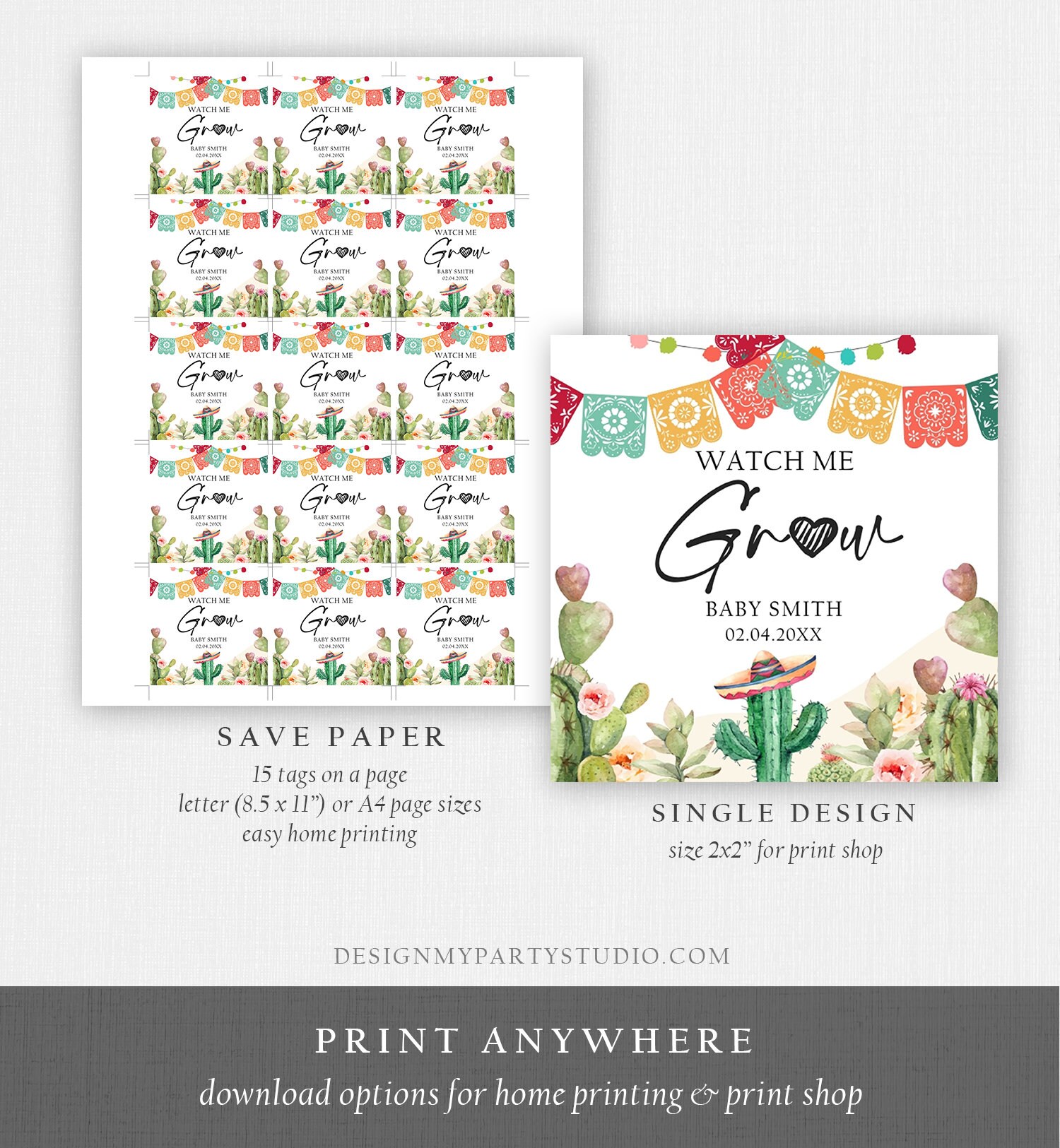Editable Watch Me Grow Tags Fiesta Cactus Favor Tags Baby Shower Bridal ...