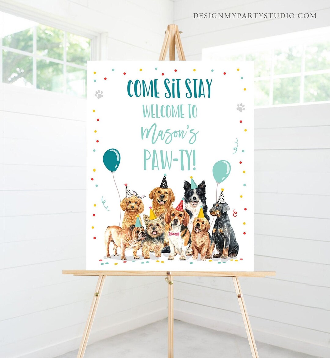 Editable Puppy Dog Birthday Party Welcome Sign Puppy Birthday Blue Pet ...