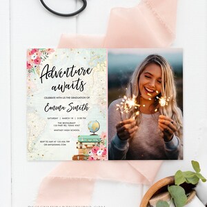 Editable Adventure Awaits Graduation Party Invitation Travel Around the ...