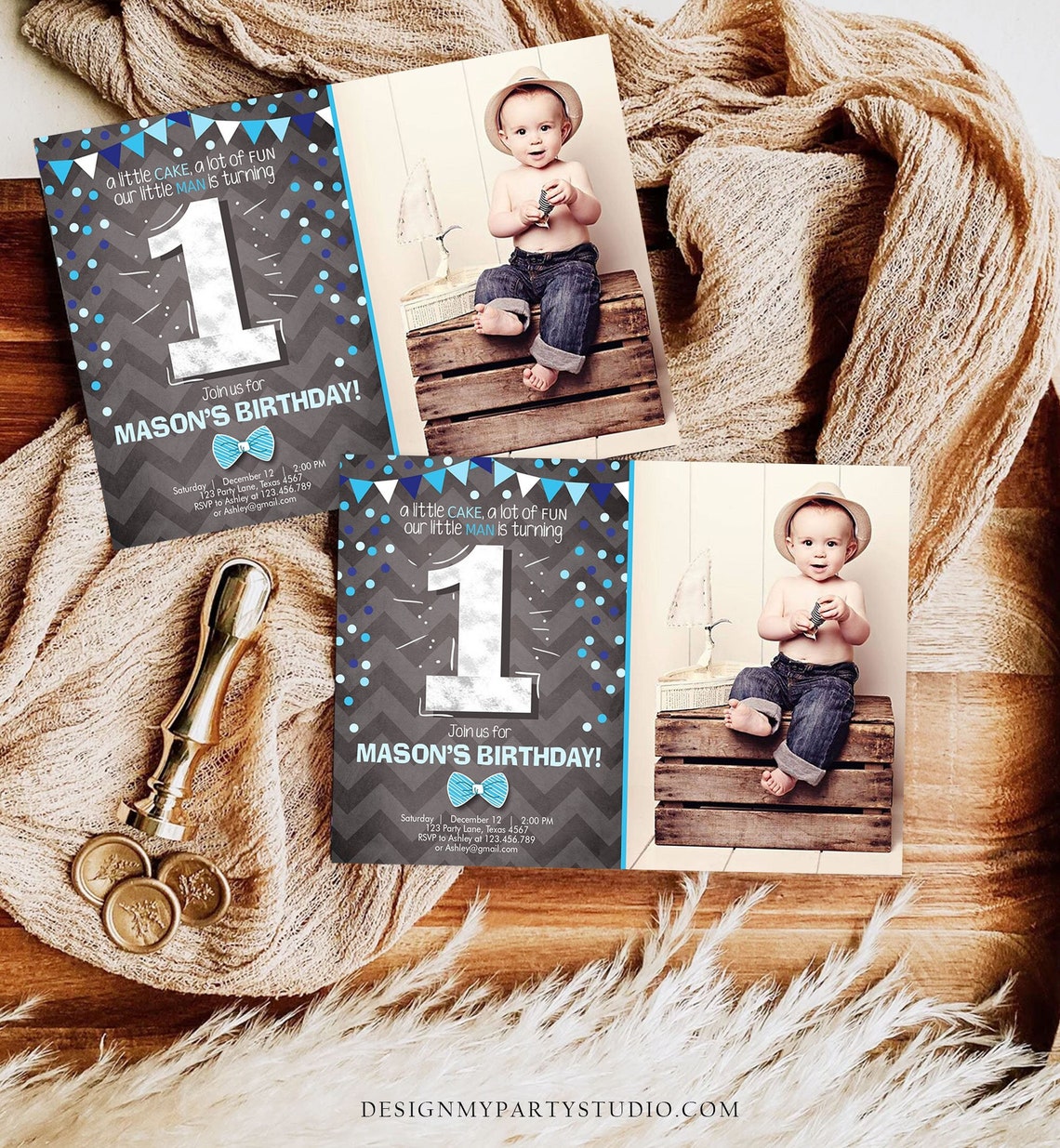 Editable First Birthday Invitation Boy One Navy Blue Chalk Confetti Boy ...