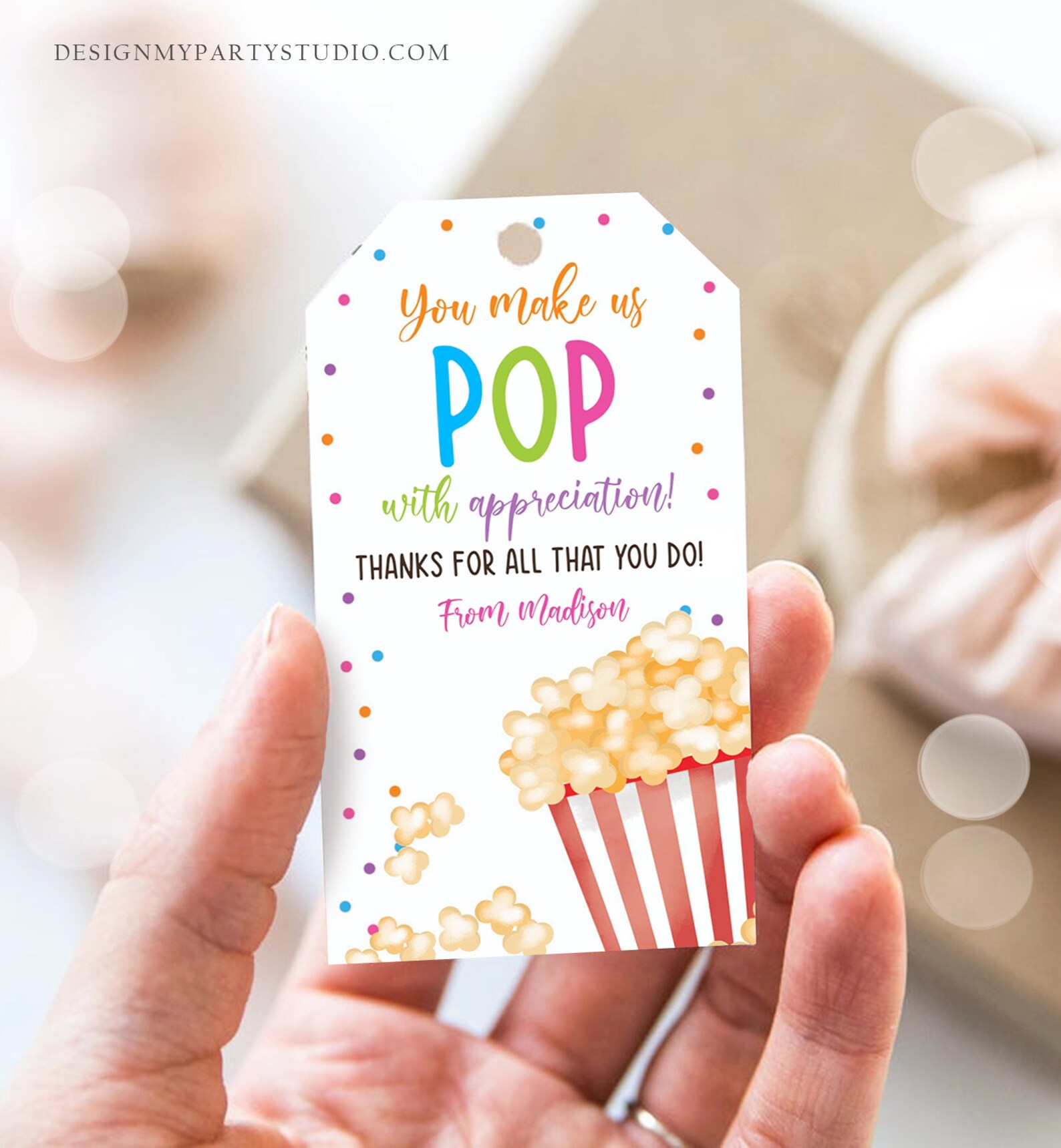 Editable Teacher Appreciation Tag Popcorn Thank You Tag Teacher Tag ...