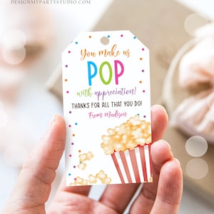 Editable Teacher Appreciation Tag Popcorn Thank You Tag Teacher Tag ...