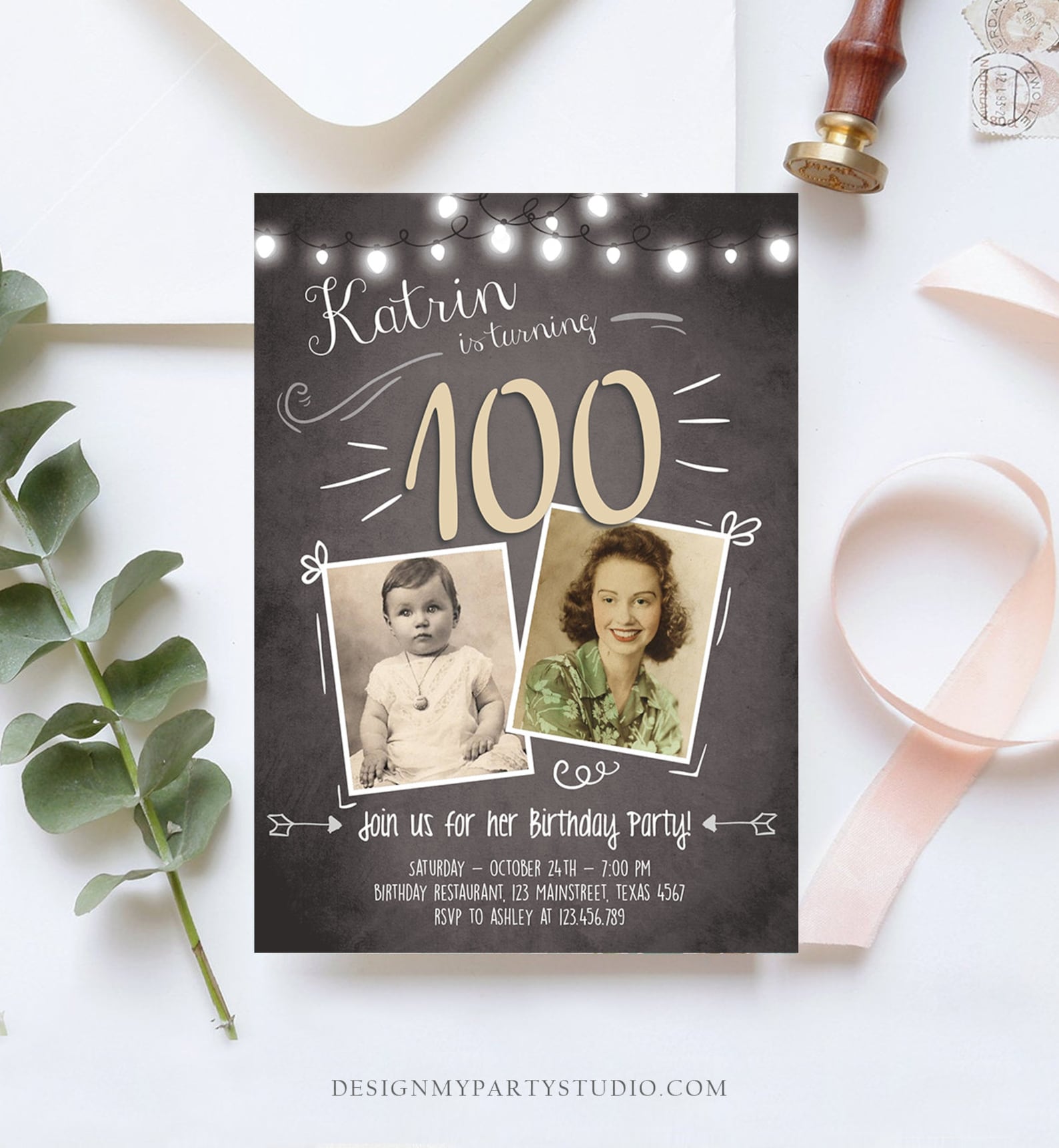 Editable 100th Birthday Invitation ANY AGE Chalkboard Rustic Adult ...