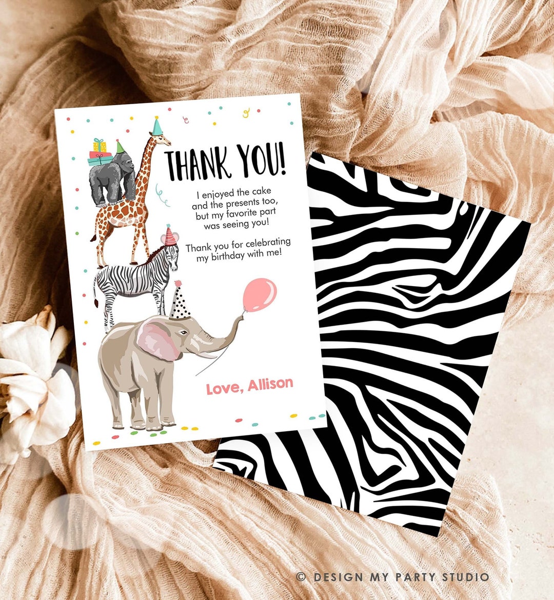 Editable Thank You Card Party Animals Thank You Note Wild Safari ...