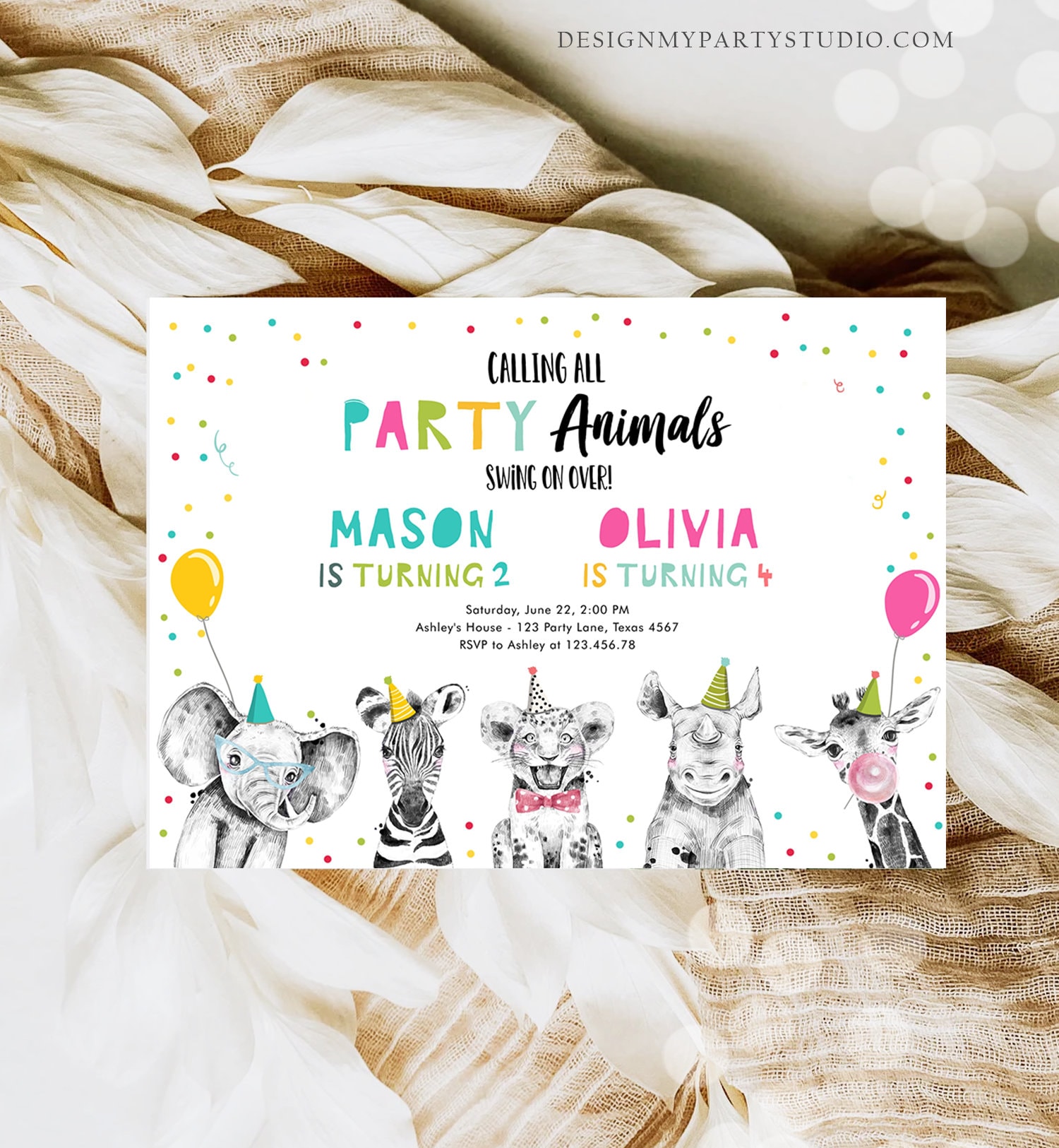 Editable Party Animals Birthday Invitation Wild One Safari Animals ANY ...