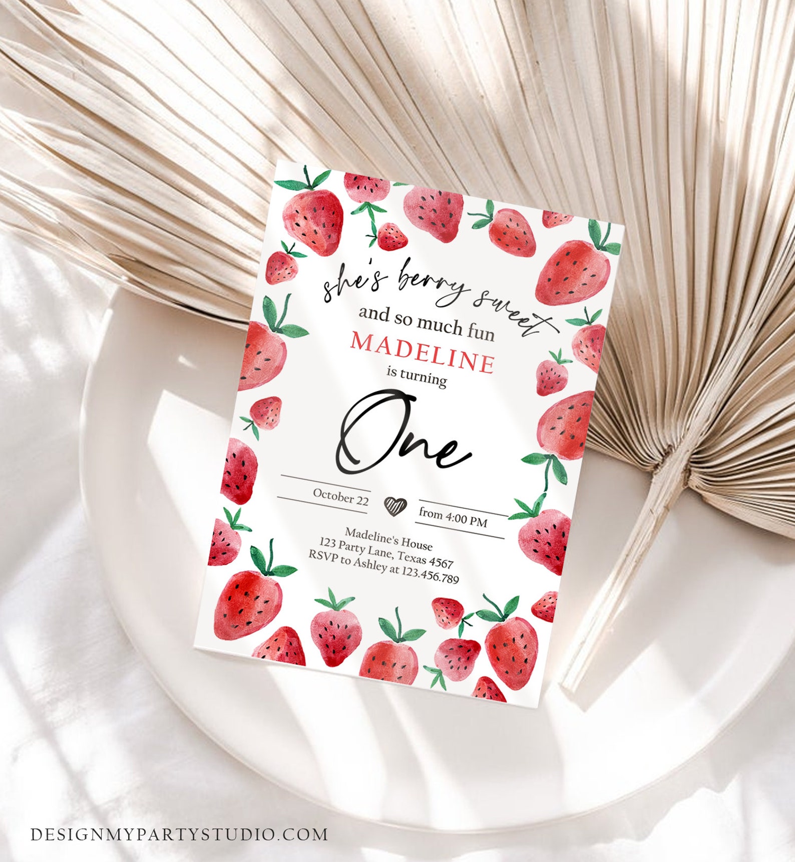 Editable Strawberry Birthday Invitation First Birthday Berry Sweet Girl ...