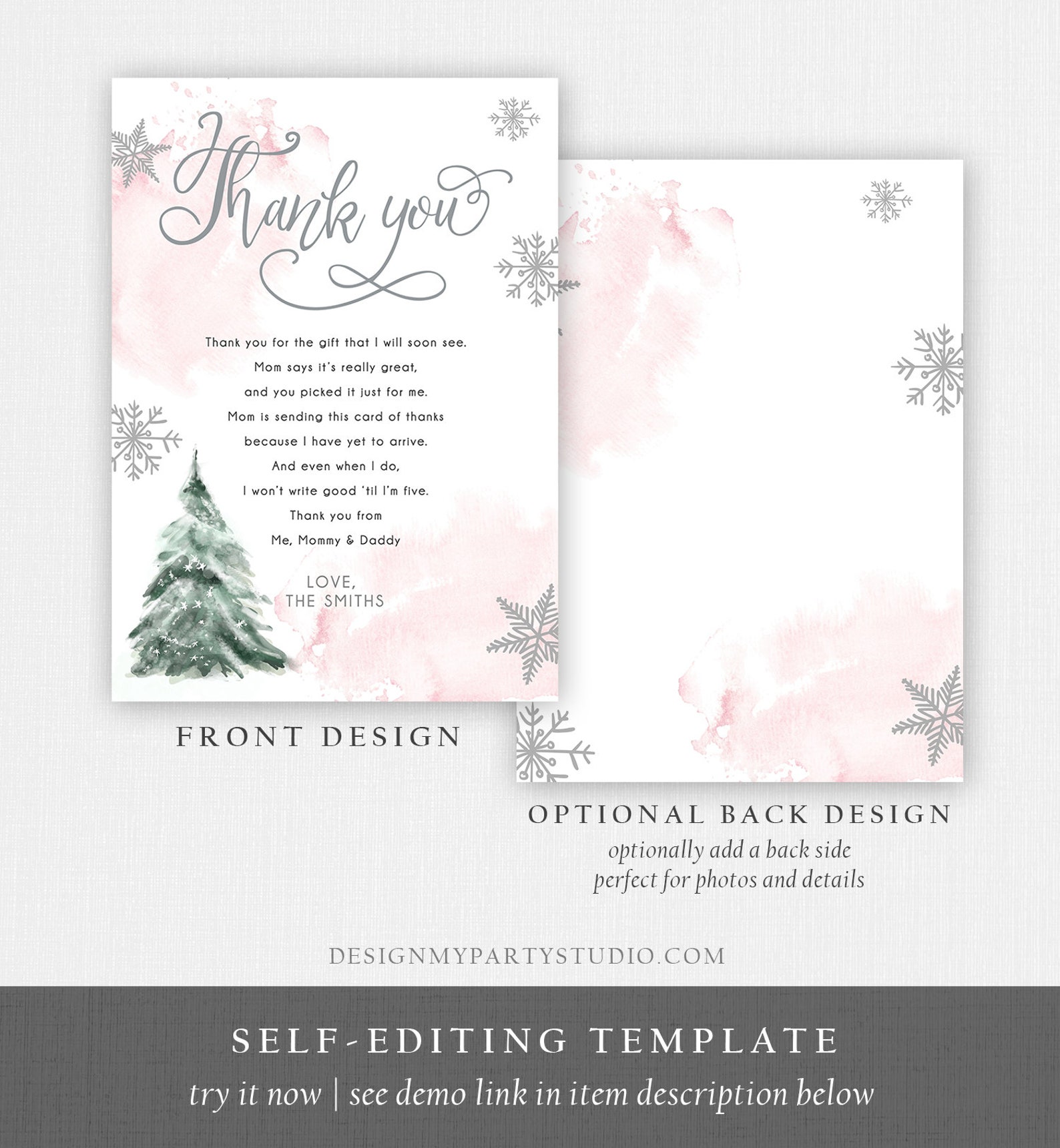 Editable Winter Tree Thank You Card Watercolor Baby Its Cold Outside ...
