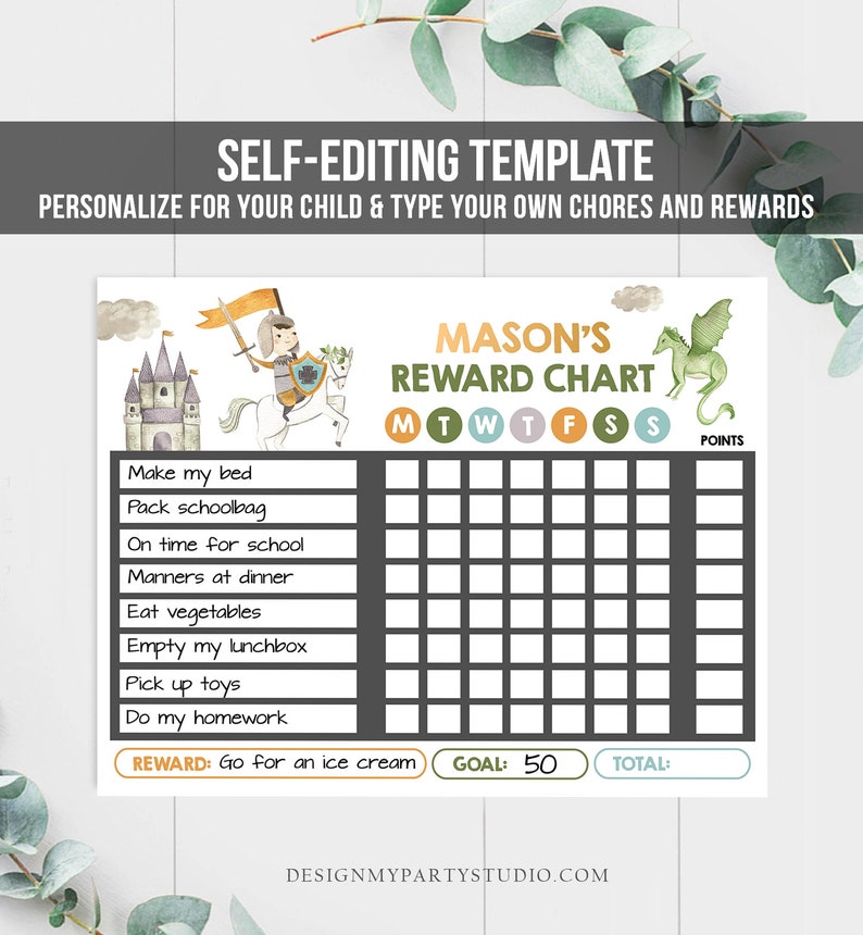 Editable Knight and Dragon Reward Chart Printable Boy Chore - Etsy