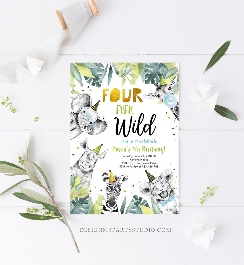 Editable Four Ever Wild Invitation Safari Animals Party | Etsy
