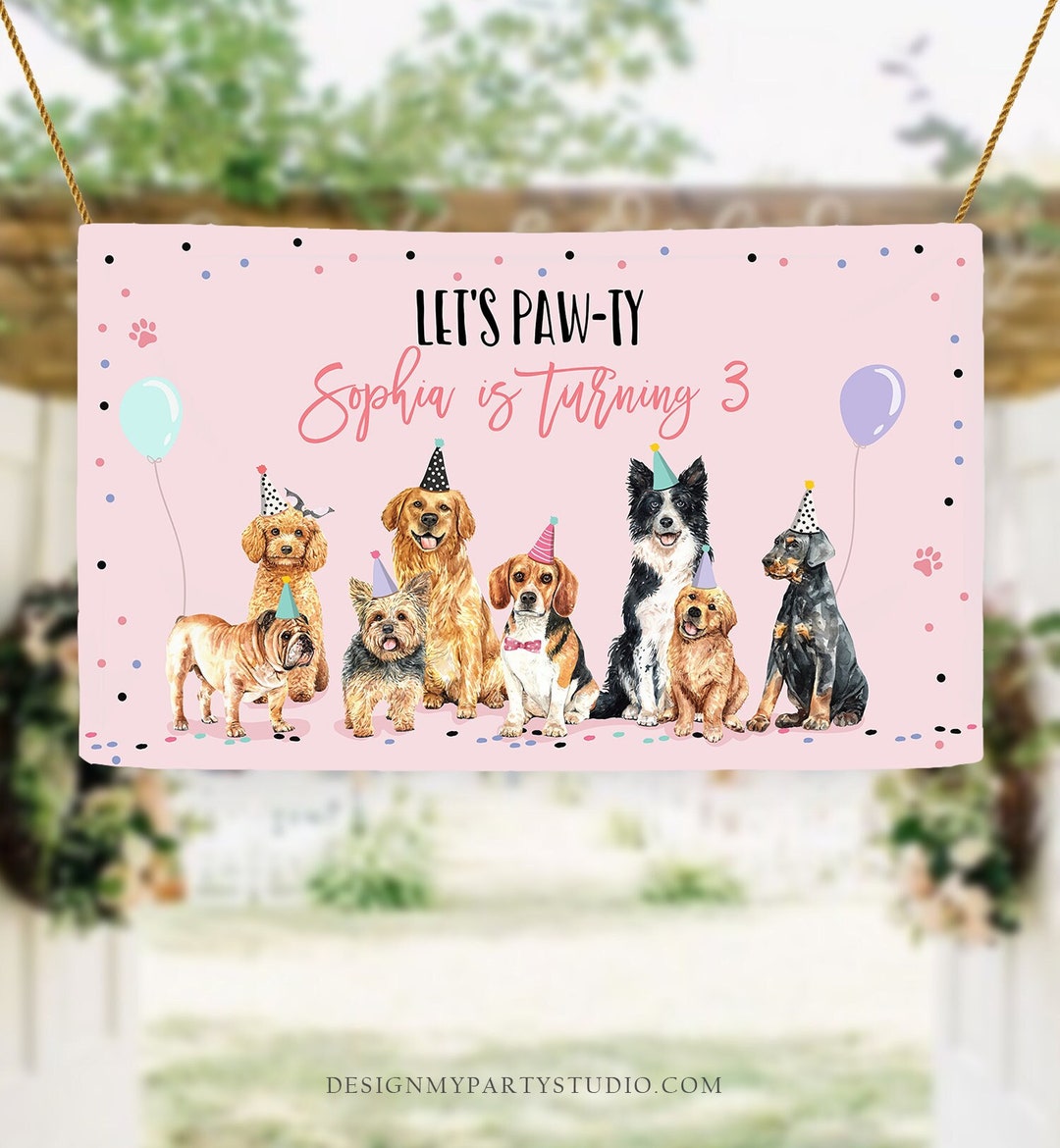 Editable Puppy Backdrop Banner Pink Dog Birthday Puppy Birthday ...
