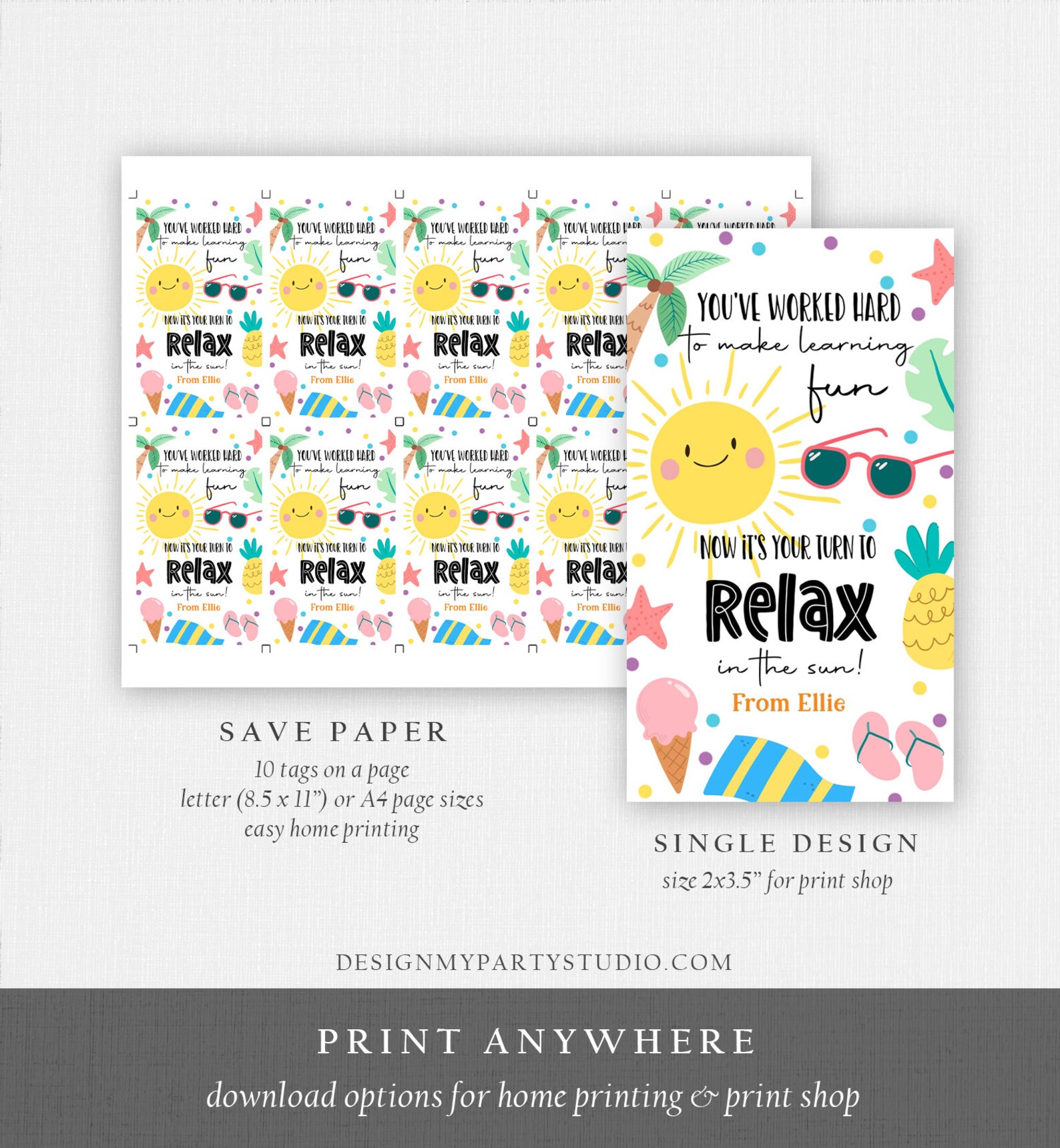 Editable Summer Teacher Appreciation Gift Tag Kids Your Turn to Relax ...