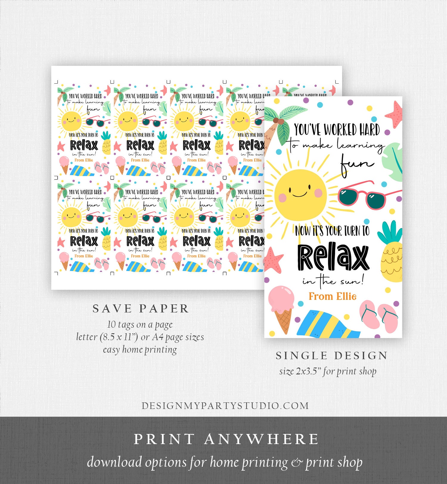 Editable Summer Teacher Appreciation Gift Tag Kids Your Turn to Relax ...