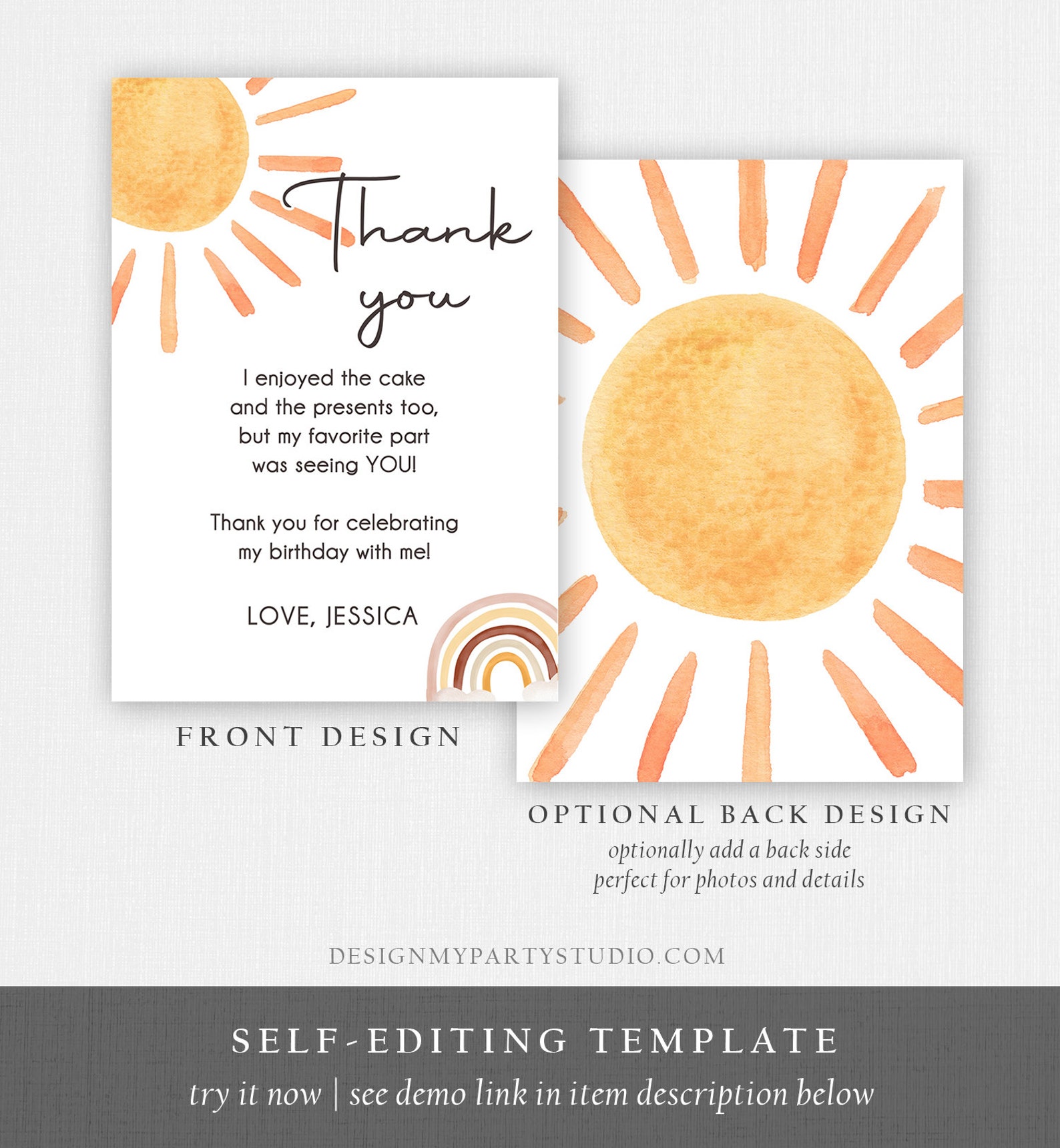Editable Sun Thank You Card Sun Birthday Party Thank You Note - Etsy