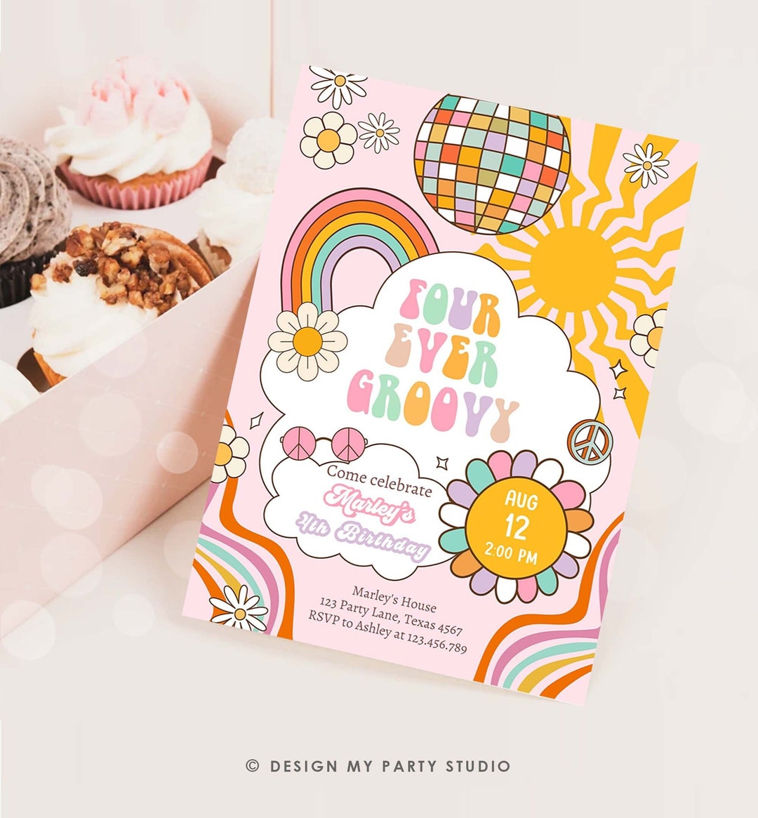 Editable Four Ever Groovy Birthday Invitation 4th Birthday Retro ...