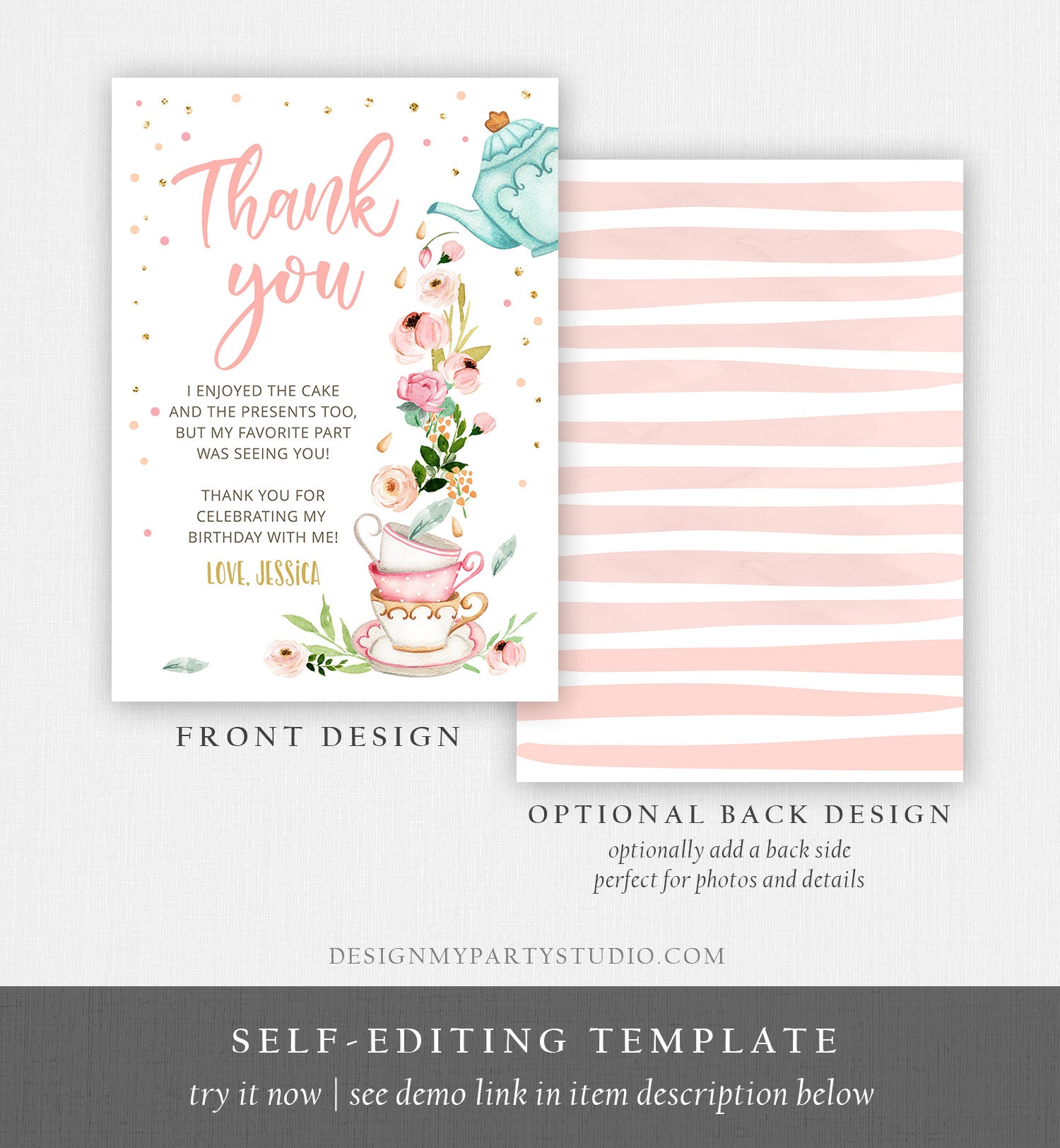 Editable Tea Party Thank You Card Floral Tea Birthday Baby Shower Girl ...