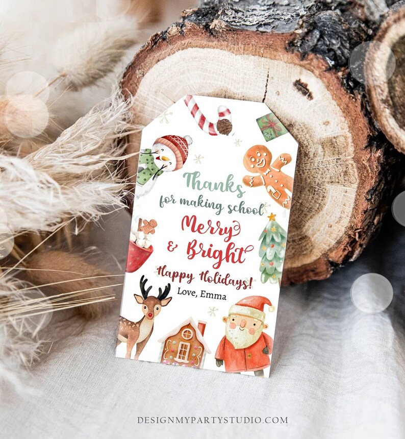 Editable School Merry and Bright Tag Christmas Gift Tag Holiday Tag ...