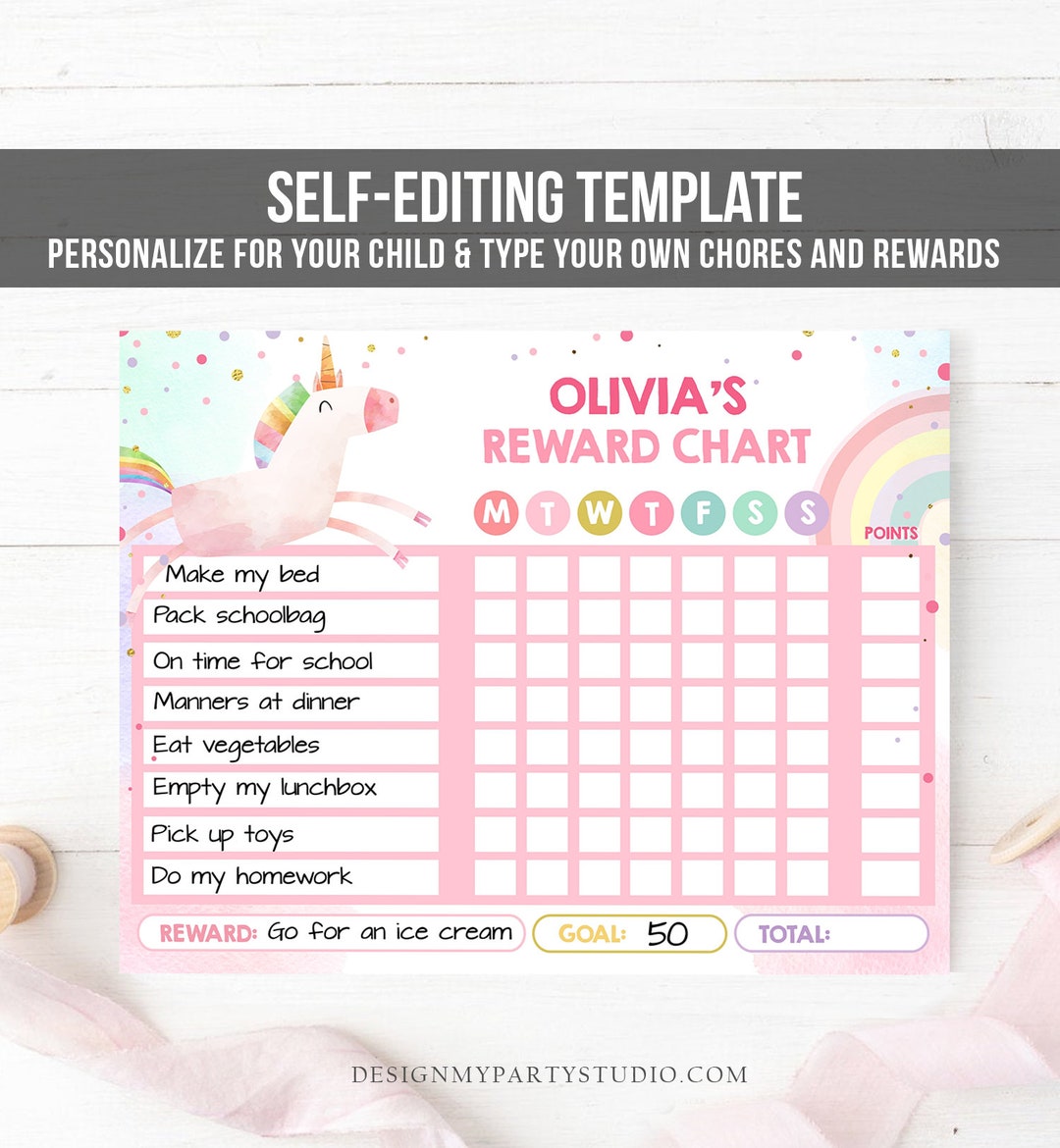 Editable Unicorn Reward Chart for Girls Unicorn Chore Chart for Kids ...