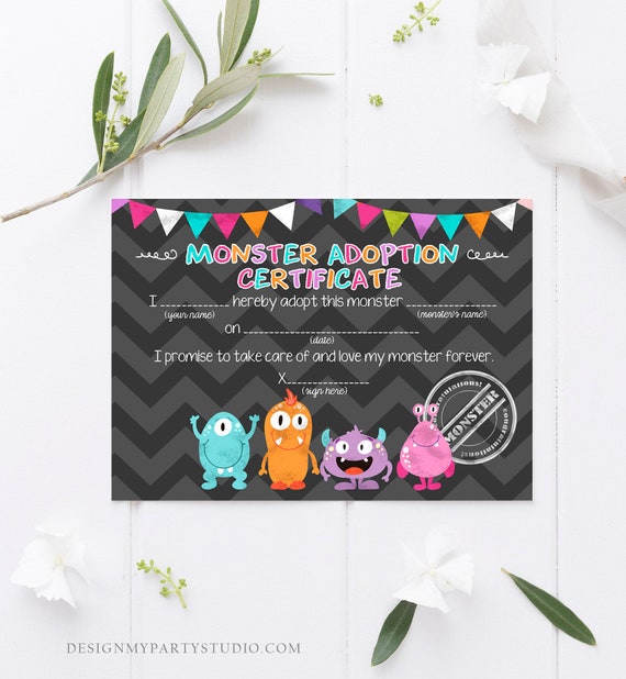 Adopt a Monster Certificate Girl Monster Birthday Monster Adoption ...