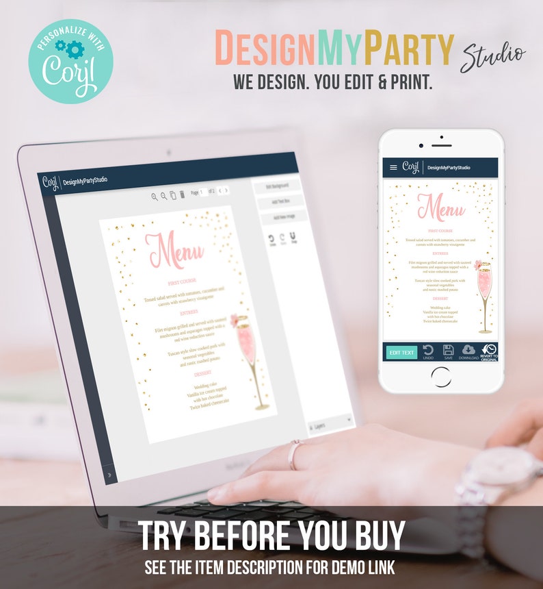 Editable Brunch and Bubbly Menu Card Bridal Shower Pink Champagne Gold ...