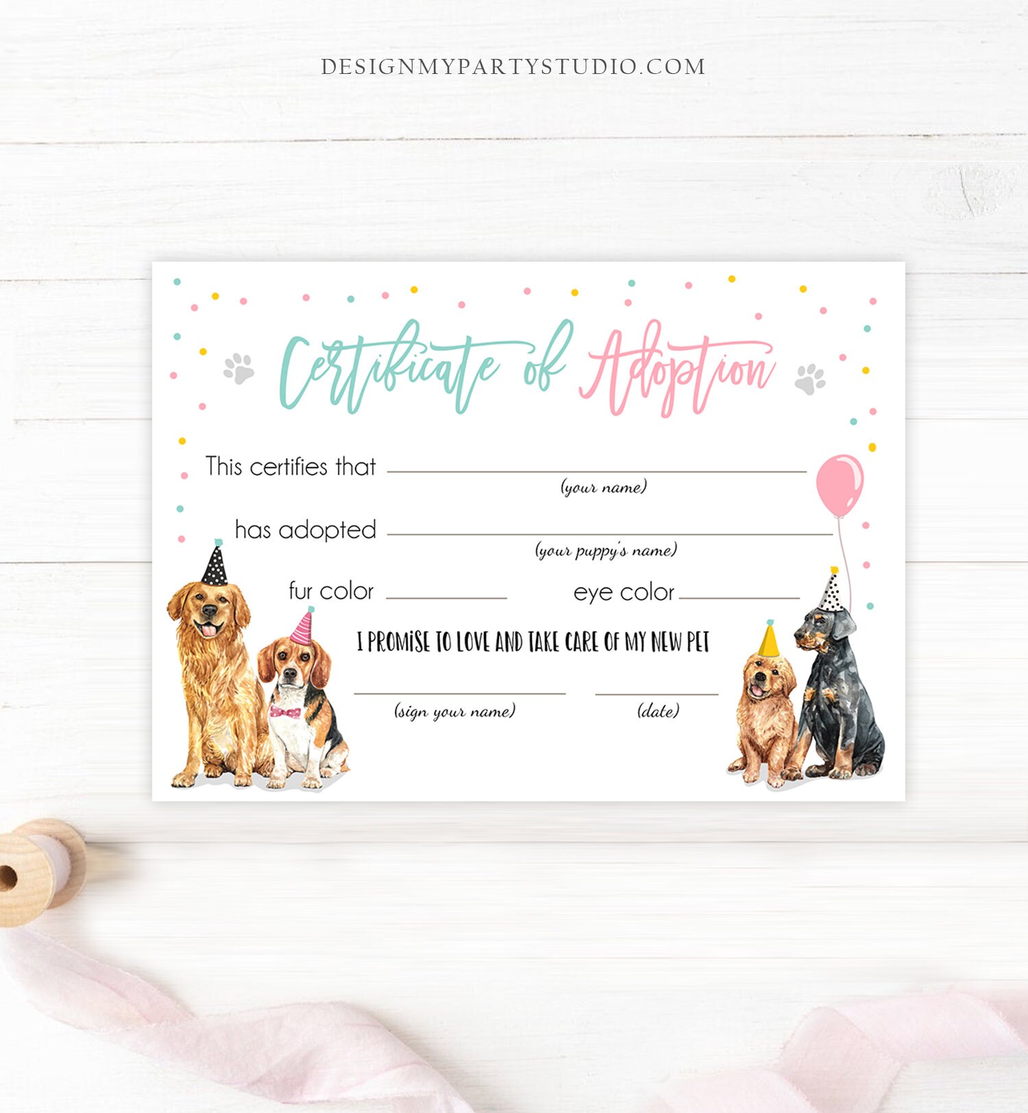 Pet Adoption Certificate Puppy Adoption Dog Birthday Party - Etsy