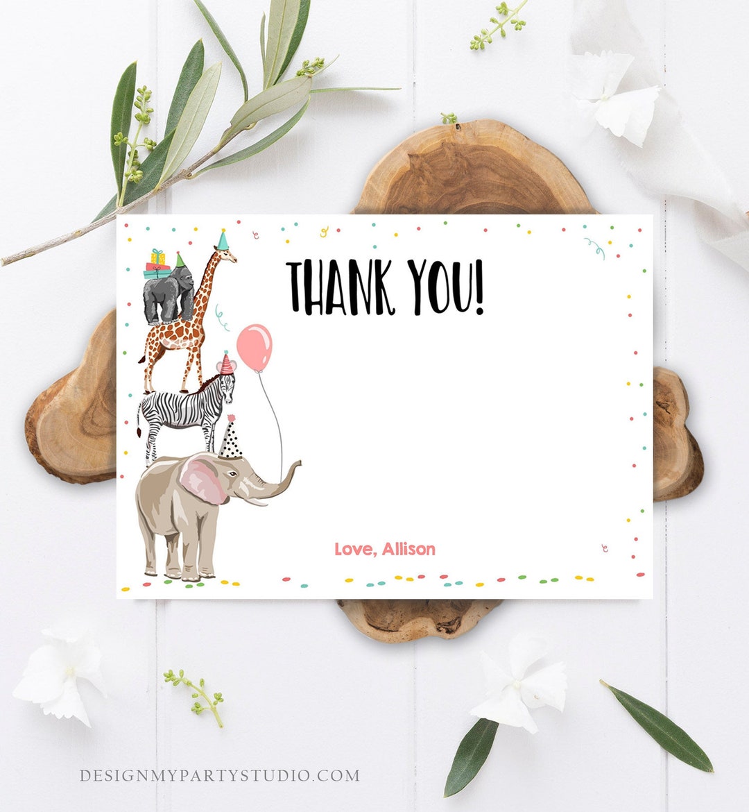 Editable Party Animals Thank You Card Note Wild One Safari Animals Girl ...