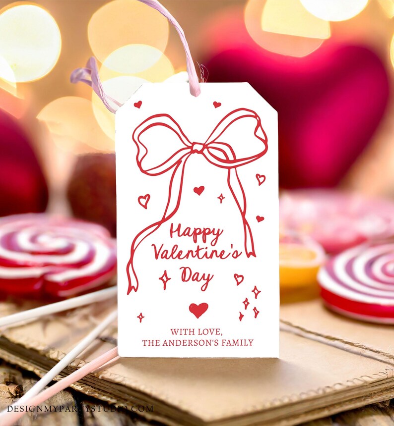 Editable Valentine's Day Tag Pink Red Bow Valentine Gift Tag Doodle ...