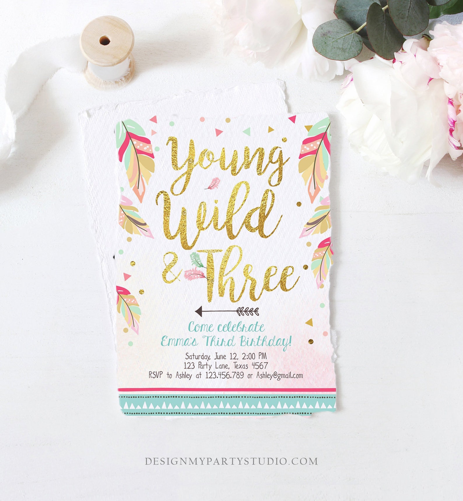 Editable Young Wild and Three Invitation Tribal Boho Feathers | Etsy