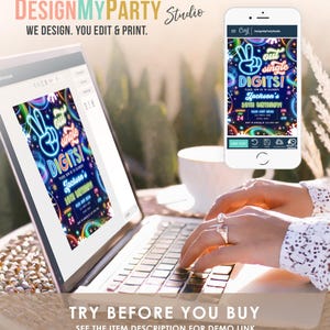 Editable Peace Out Single Digits Birthday Invitation Neon Glow Disco ...