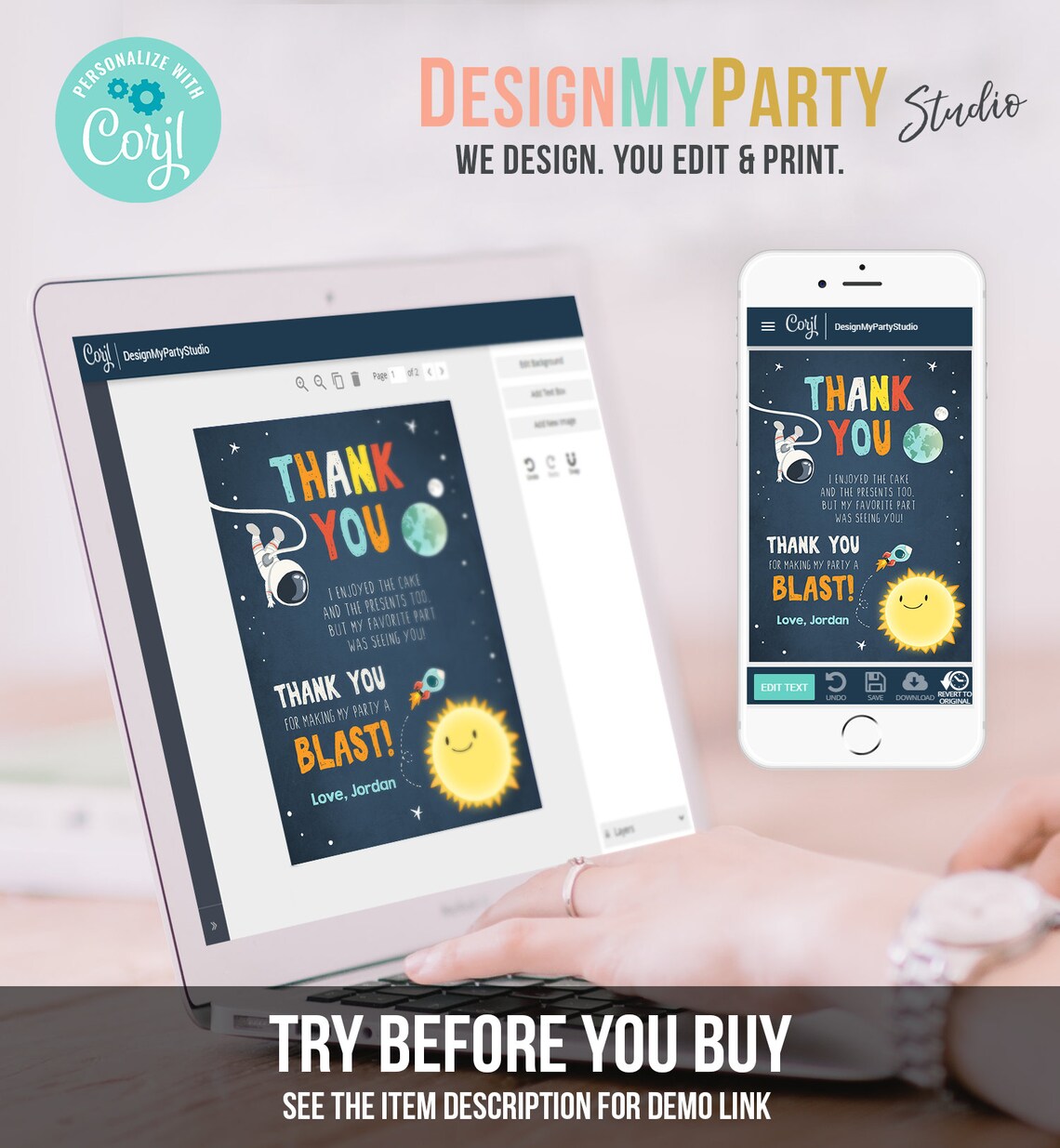 Editable Space Birthday Thank You Card Space Astronaut to the Moon ...