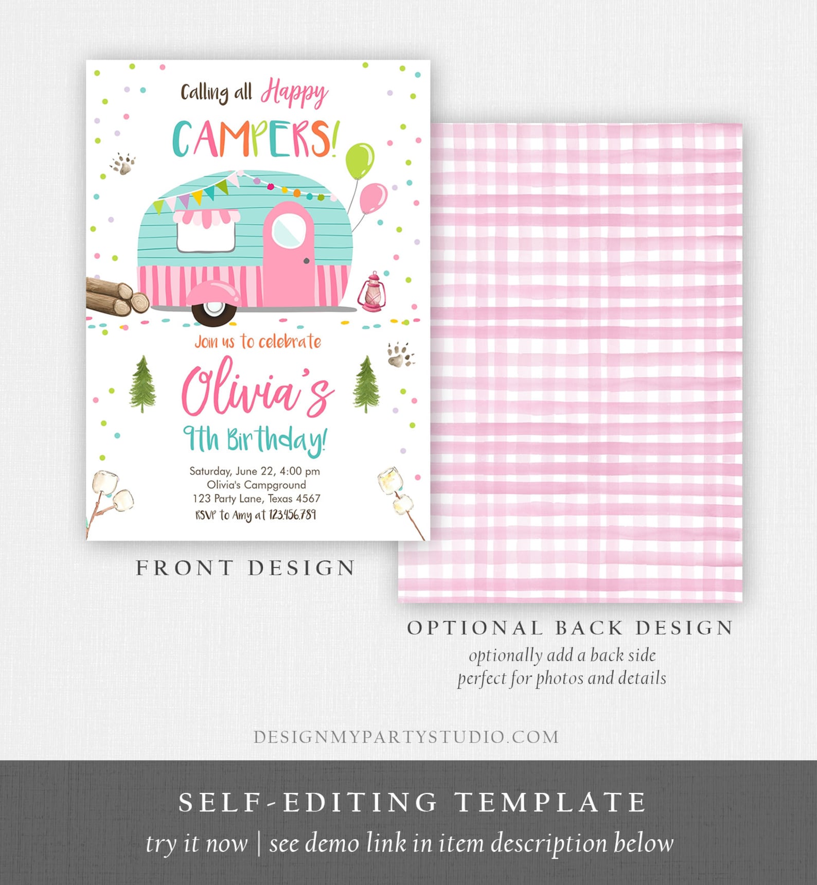 Editable Happy Camper Birthday Invitation Girl Pink Camping Party Pink ...