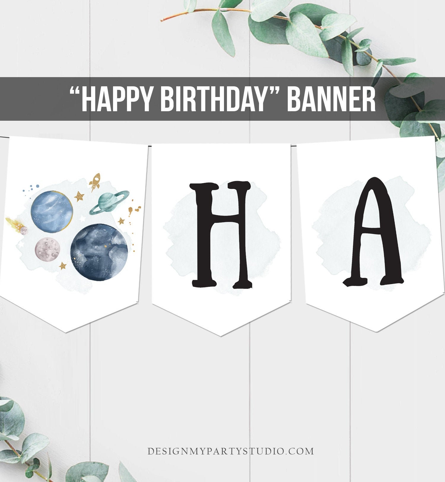 Happy Birthday Banner Outer Space Planets Banner Boy Galaxy First ...