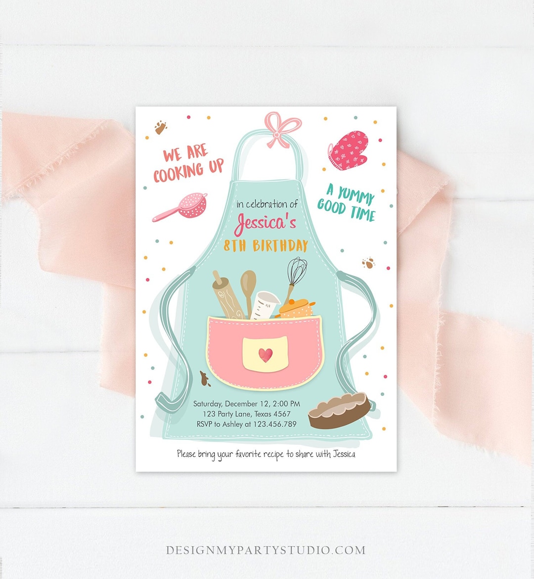 Editable Kids Kitchen Cooking Birthday Invitation Pink Girl Chef Baking ...