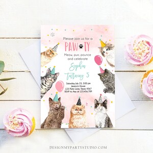 Editable Cat Birthday Party Invitation Kitten Birthday Invite Pink Girl ...