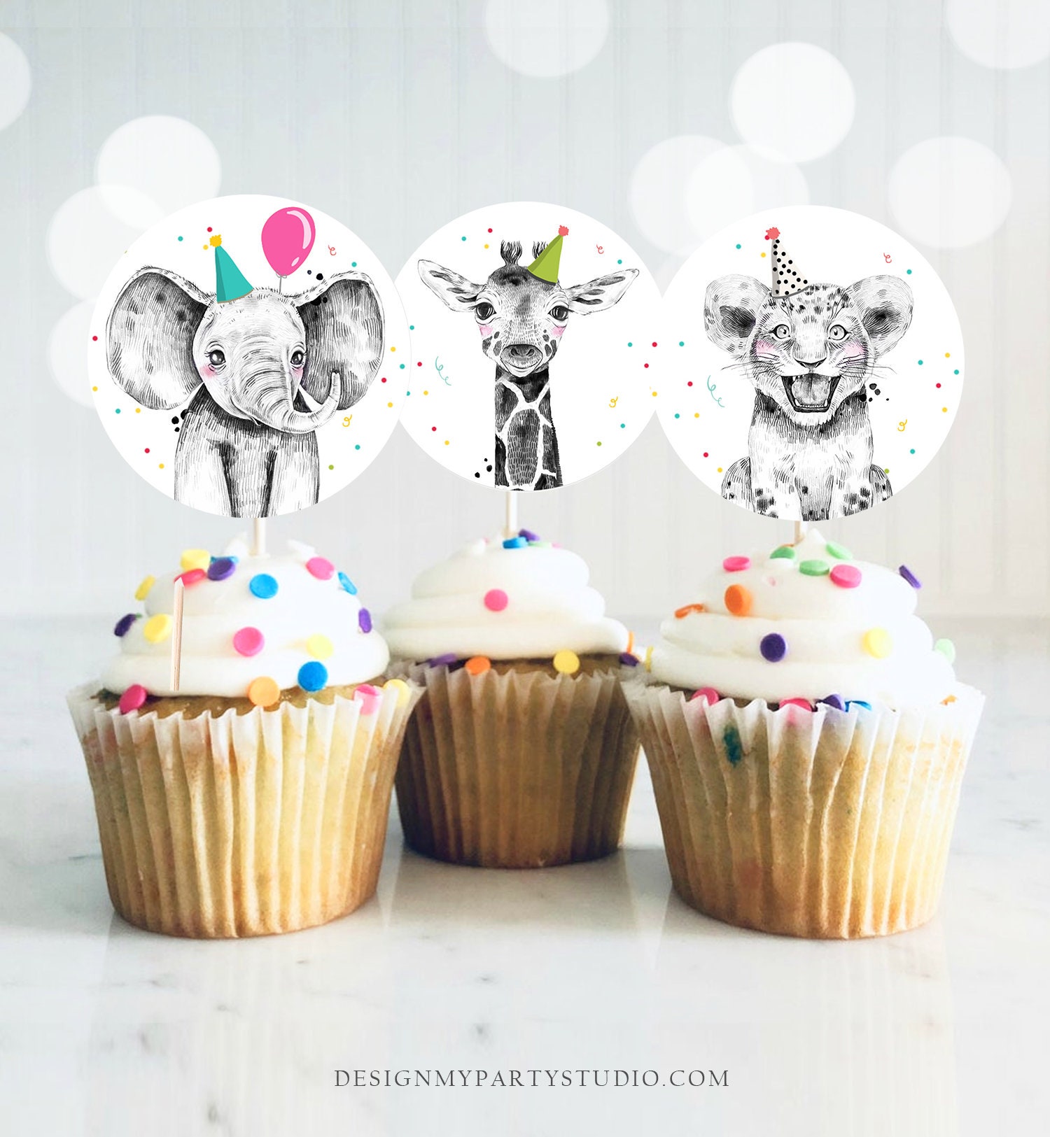 Party Animals Cupcake Toppers Favor Tags Birthday Party Decoration ...