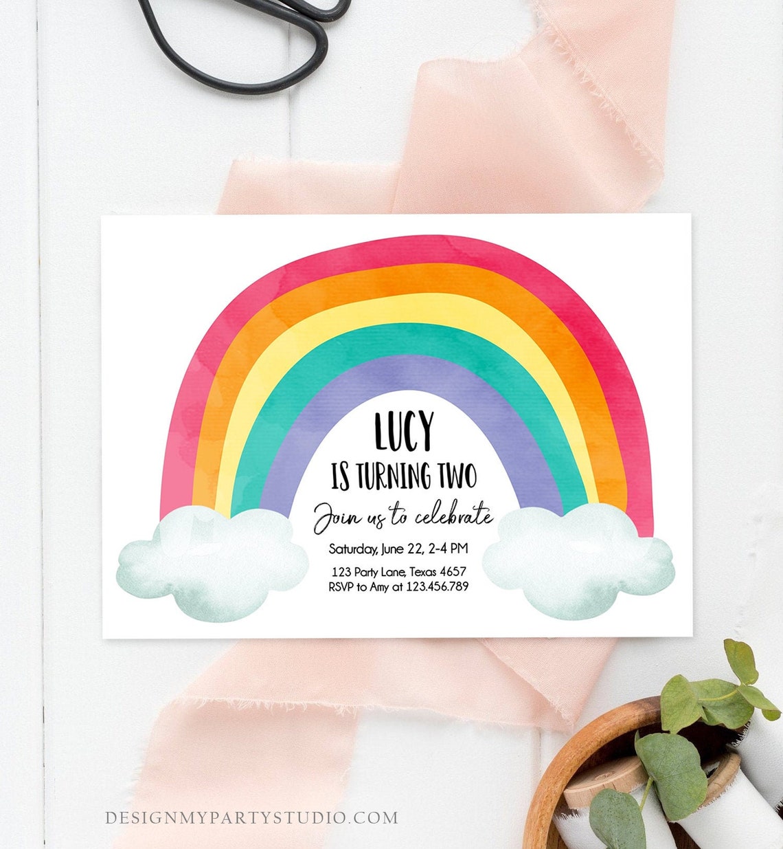 Editable Rainbow Birthday Invitation Kids Girl Boy Neutral Party Clouds ...